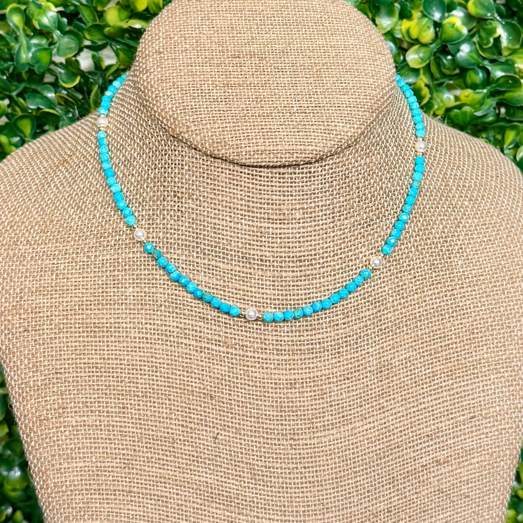 Turquoise, Pearls, and Gold Beaded Necklace – Shabby Chic Boutique and ...